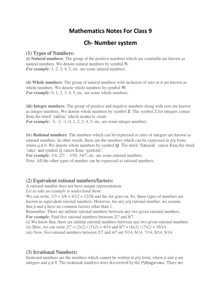 Mathematics Notes For Class 9 | PDF | Numbers | Integer