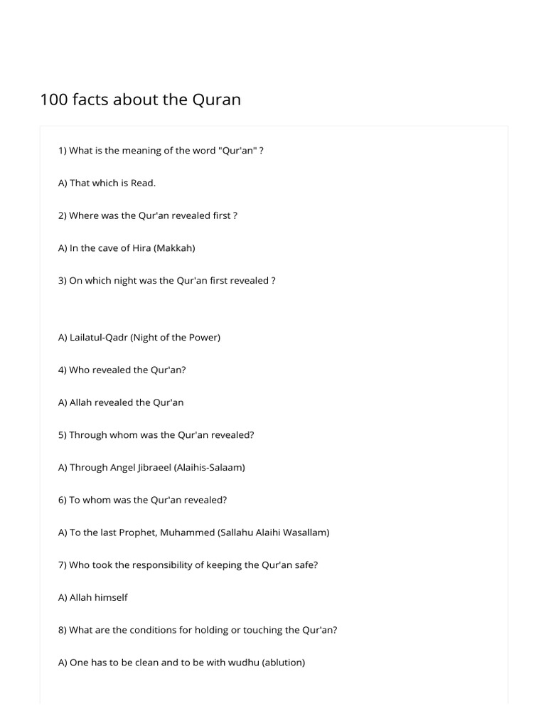 100 Facts About The Quran | PDF | Surah | Quran