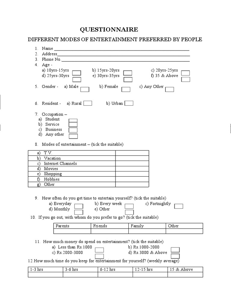 Questionnaire: Different Modes of Entertainment Preferred by People ...