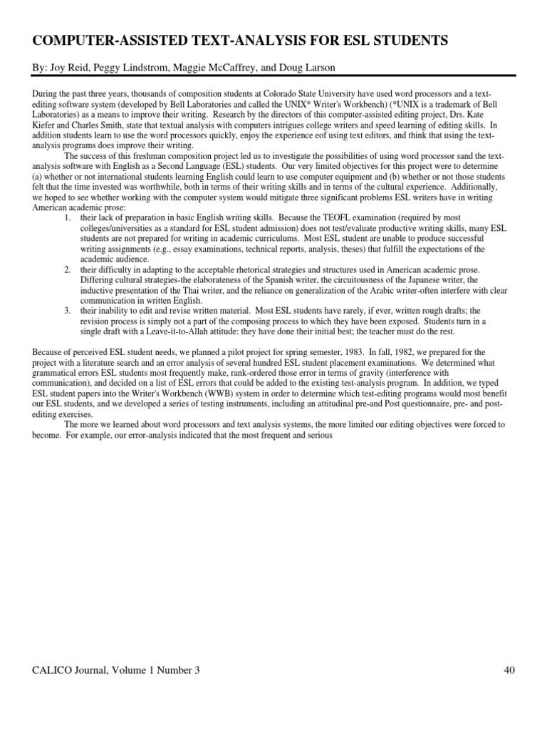 Computer-Assisted Text-Analysis For Esl Students: By: Joy Reid, Peggy Lindstrom, Maggie ...