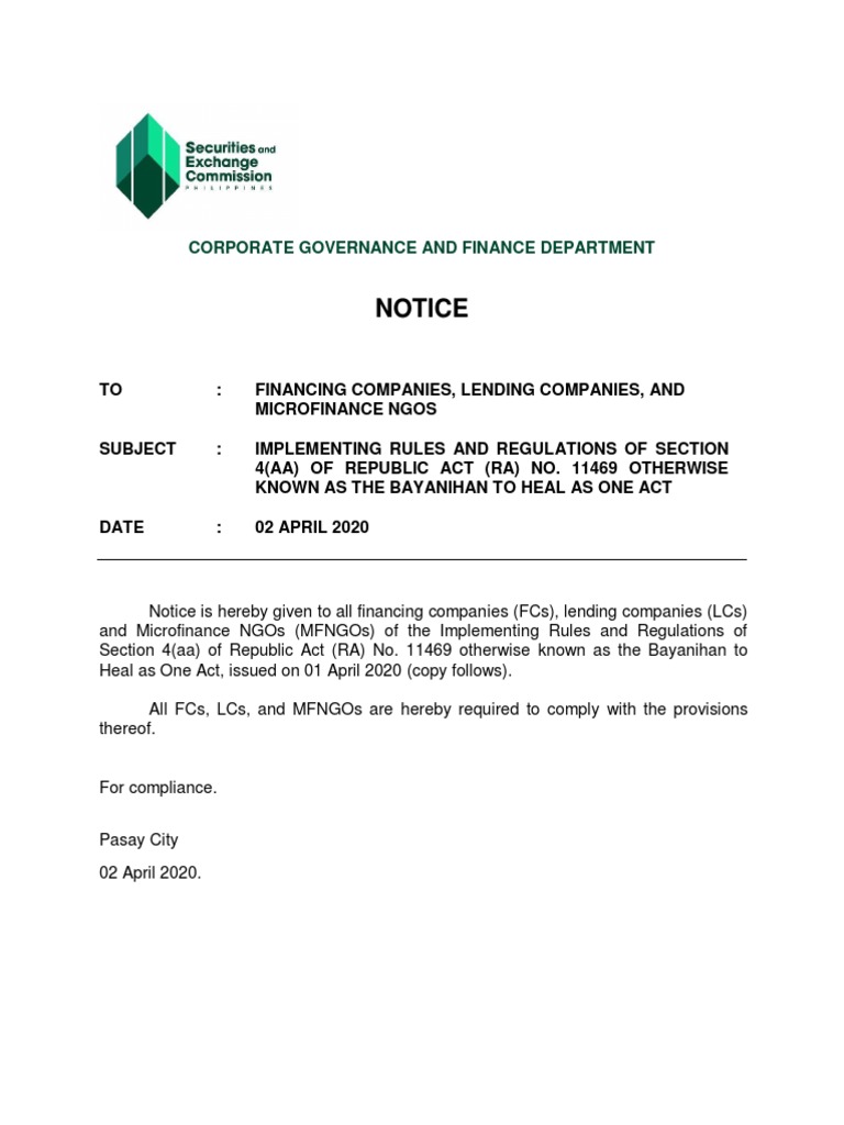 Bayanihan Act Compliance Notice for Finance | PDF
