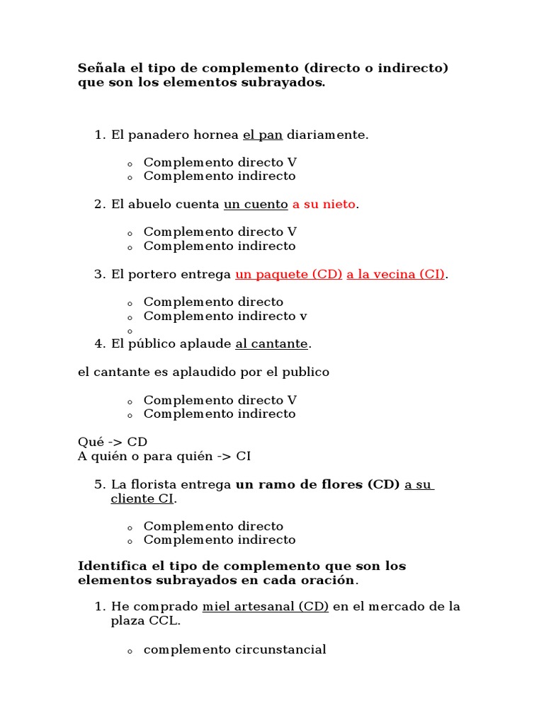 Identificación de complementos directos, indirectos y circunstanciales | PDF