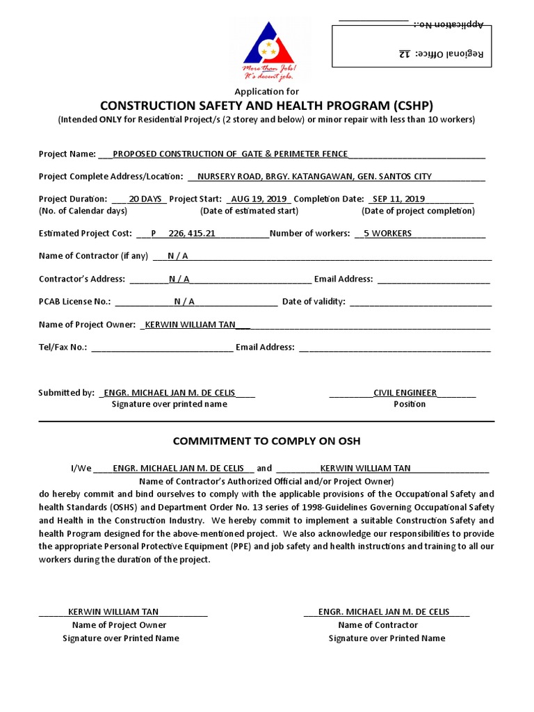 CSHP Application (2 Story Below) | PDF | Occupational Safety And Health ...