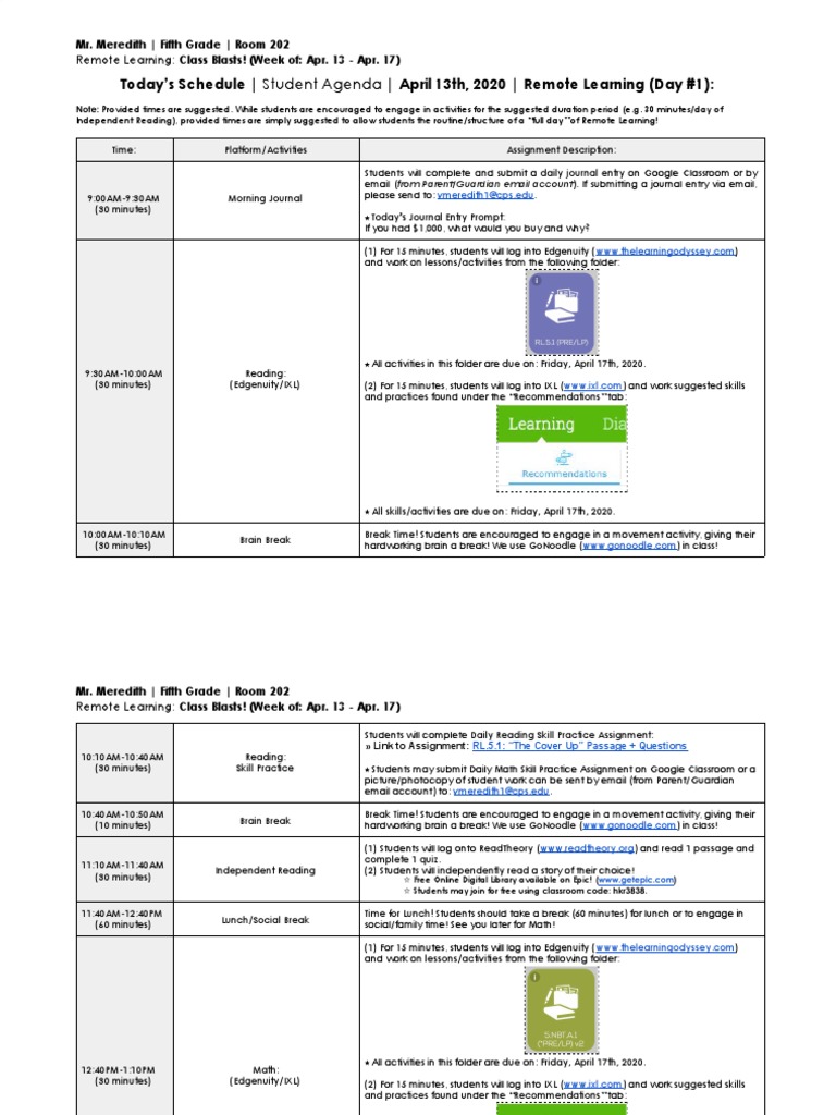 DailySchedule RemoteLearning Day1 | PDF | Pedagogy | Teaching