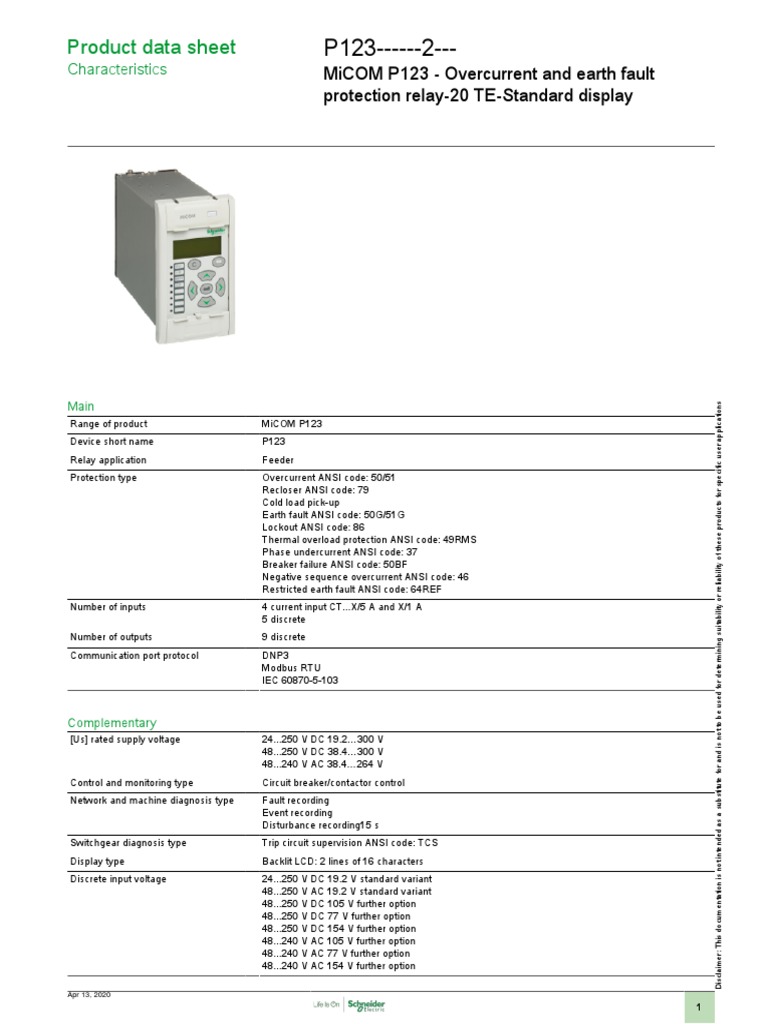 Product Data Sheet: Micom P123 Overcurrent And Earth Fault