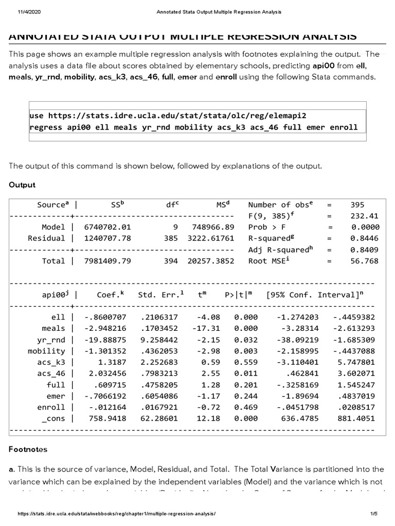 Annotated Stata Output Multiple Regression Analysis | PDF | Coefficient ... Annotated Stata Output Multiple Regression Analysis | PDF | Coefficient ...