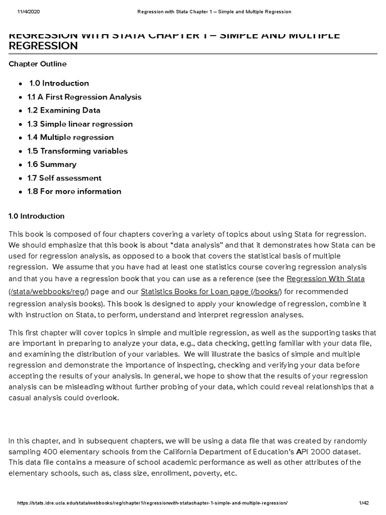 Regression With Stata Chapter 1 - Simple and Multiple Regression PDF | PDF | Regression Analysis ...
