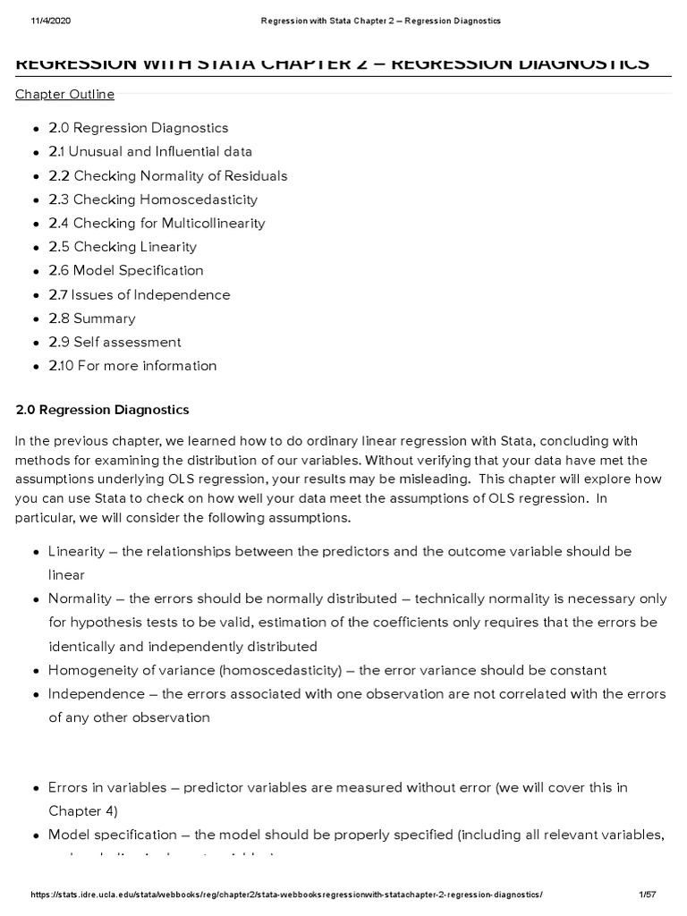 Regression With Stata Chapter 2 Regression Diagnostics Pdf Pdf Regression Analysis