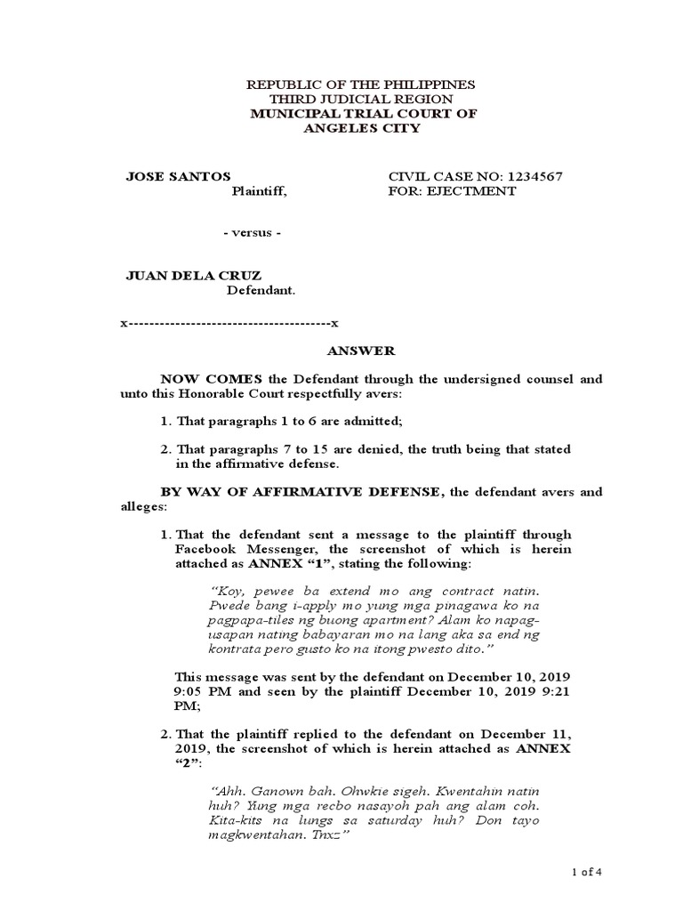 Form18 Answer Ejectment | PDF | Lease | Virtue