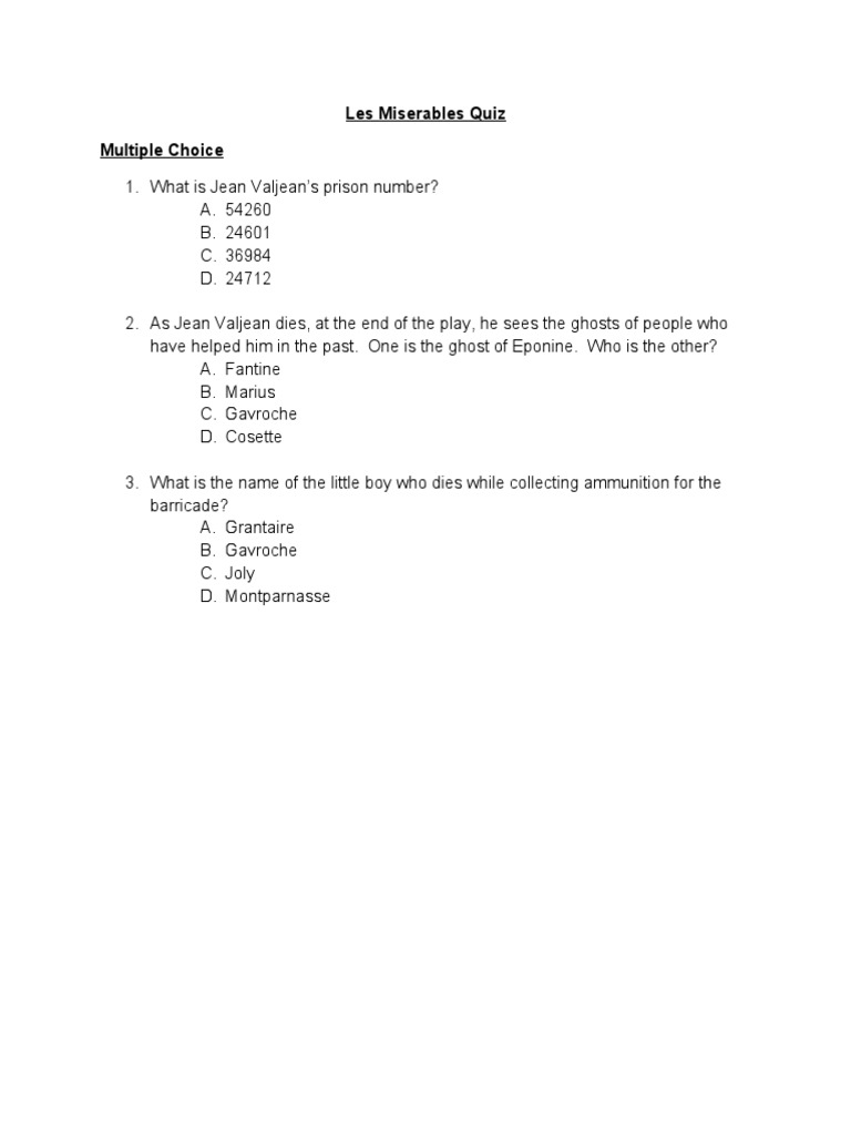 Les Miserables Quiz Multiple Choice | PDF