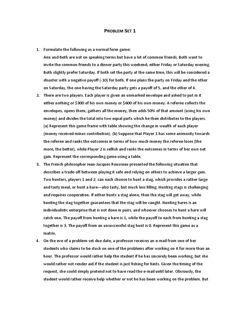 Game Theory Problem Set 1 | PDF