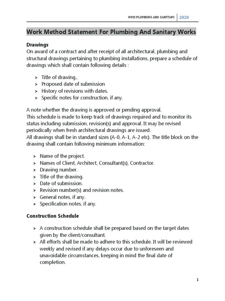 Work Method Statement For Plumbing and Sanitary Works | PDF | Plumbing | Pipe (Fluid Conveyance)
