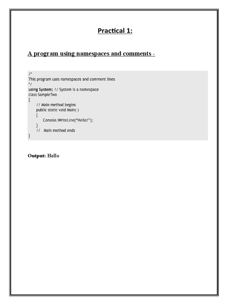 Practical 1 A Program Using Namespaces And Comments Pdf C Sharp Programming Language