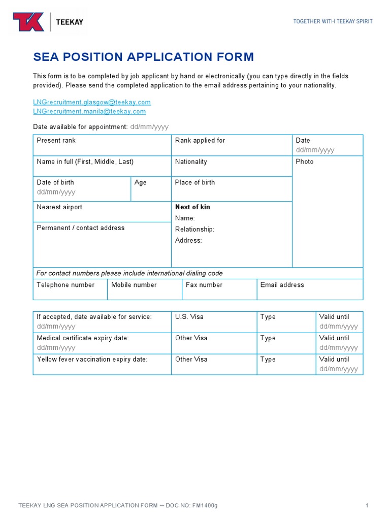 Sea Position Application Form: Dd/mm/yyyy | PDF | Ships | Water Transport