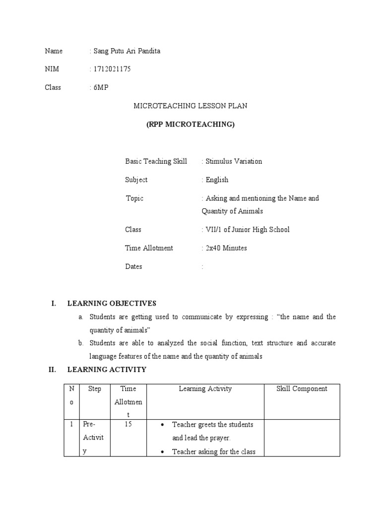 Lesson Plan - Giving Stimulus Variation - Sang Putu Ari Pandita ...
