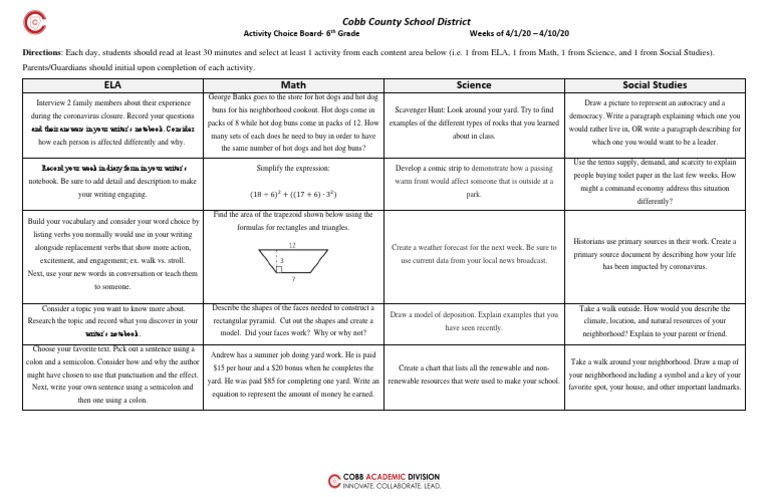 6th Grade Choice Board 4-17 | PDF | Writers | Communication