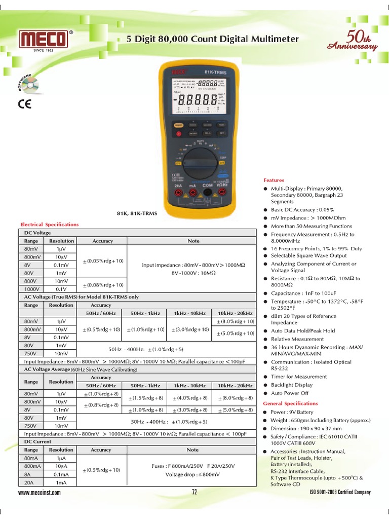 5 Digit 80,000 Count Digital Multimeter: 81K, 81K-TRMS | PDF | Hertz ...