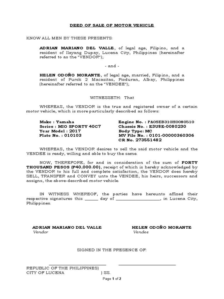 Deed of Sale Motor Vehicle Helen Odoño Morante | PDF | Automotive ...