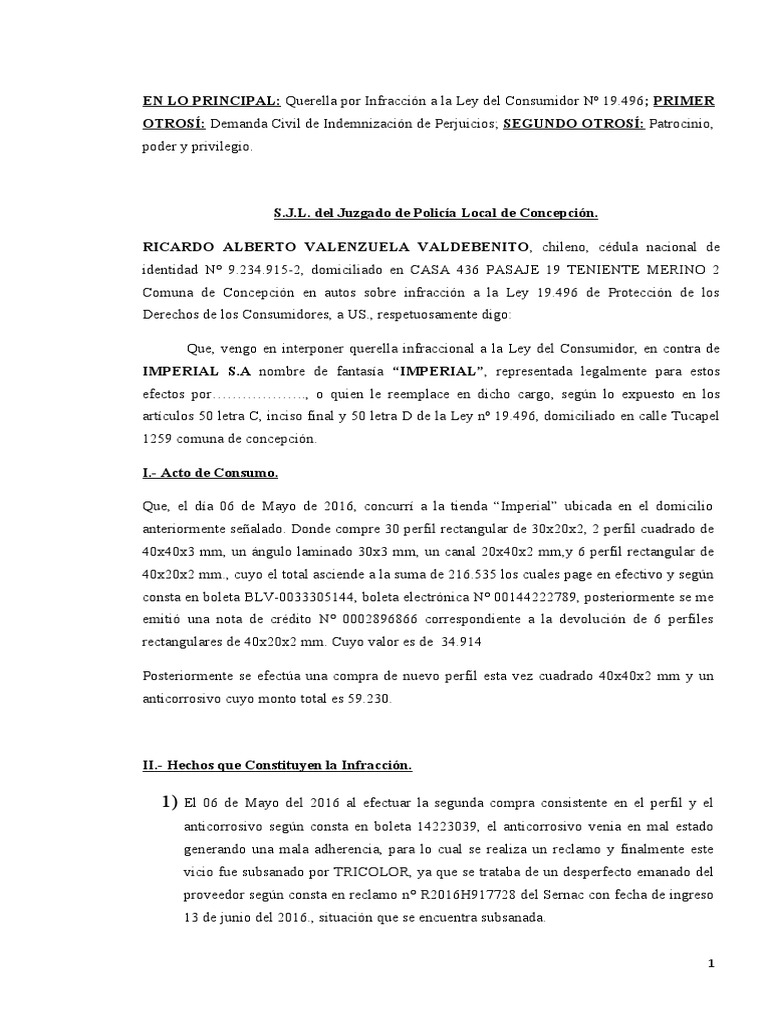Querella Infraccional Imperial Con Valenzuela | PDF | Protección al ...