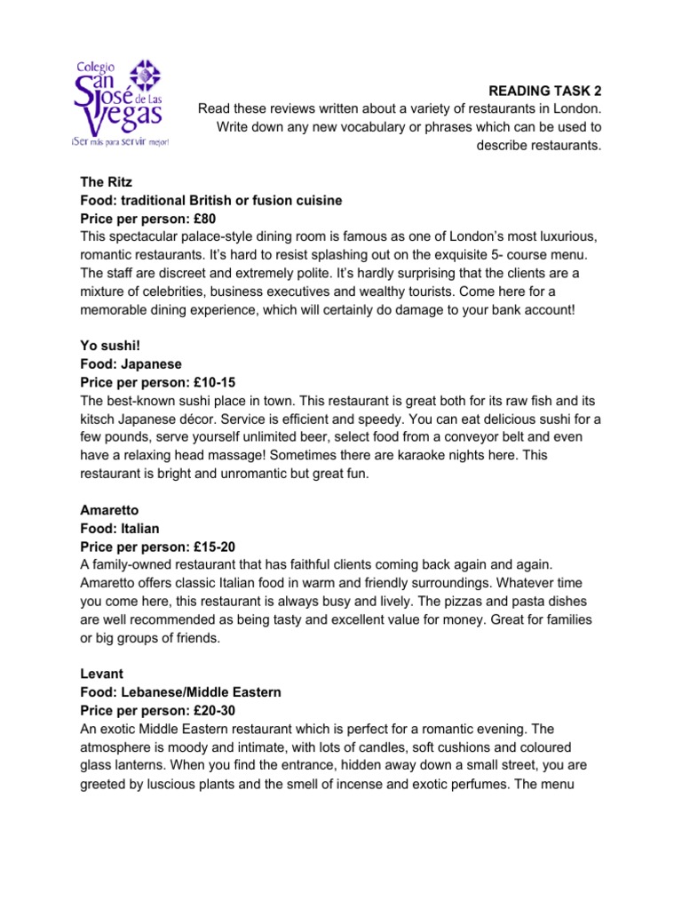 Reading Task 2 | PDF | Pub | Restaurants