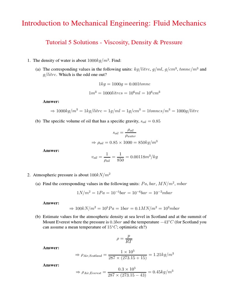 Introduction To Mechanical Engineering: Fluid Mechanics: Tutorial 5 Solutions - Viscosity ...