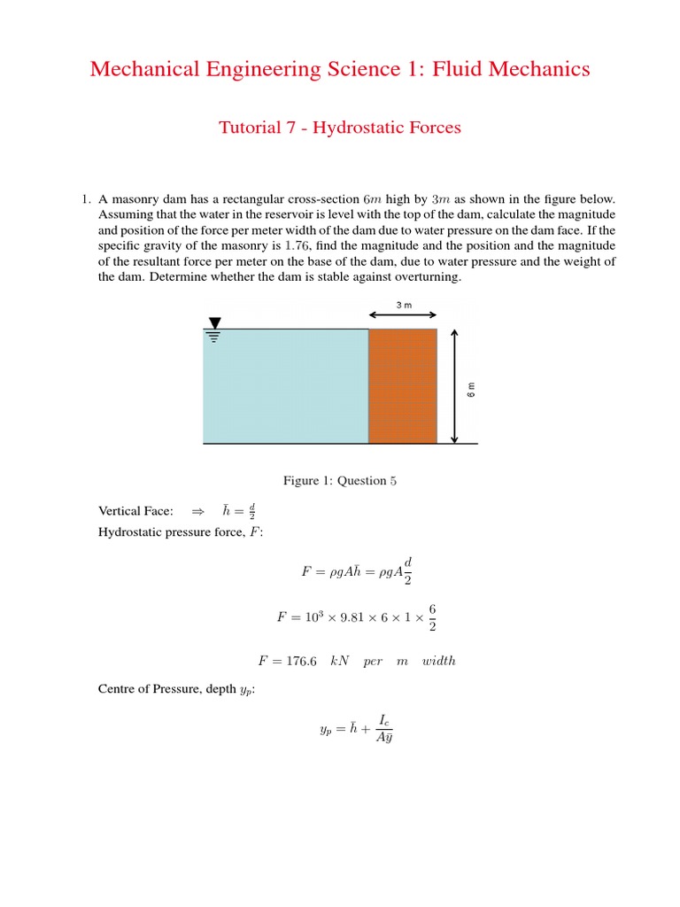 Mechanical Engineering Science 1: Fluid Mechanics: Tutorial 7 - Hydrostatic Forces | Download ...