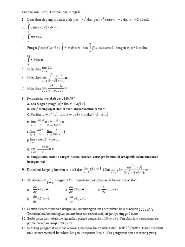 Latihan Soal Lmit, Turunan Dan Integral | PDF | Metode & Bahan Ajar