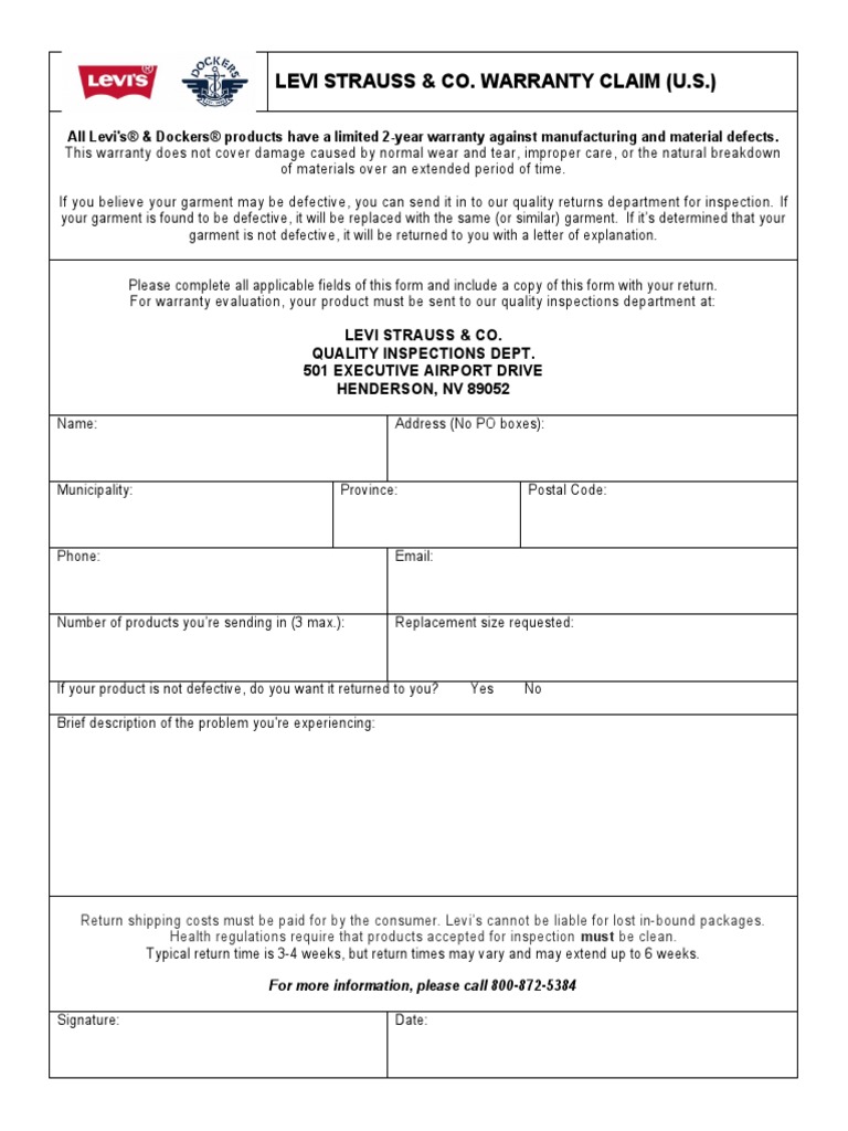 Levi Strauss & Co. Warranty Claim (U.S.) | PDF