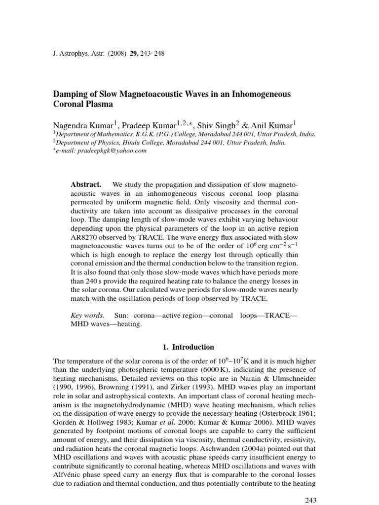 Damping of Slow Magnetoacoustic Waves | PDF | Magnetohydrodynamics | Corona