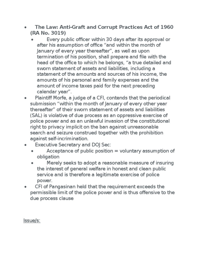 The Law: Anti-Graft and Corrupt Practices Act of 1960 (RA No. 3019) | PDF | Due Process Clause ...