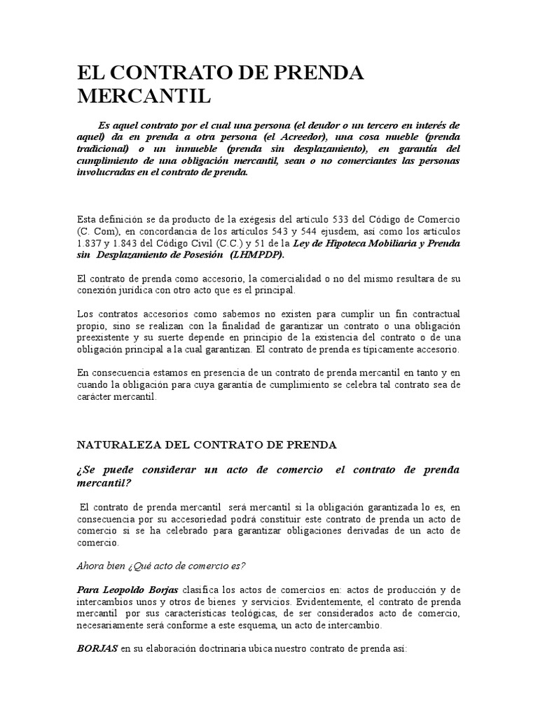 Contrato de Prenda Mercantil: Definición y Clases | PDF | Derecho ...