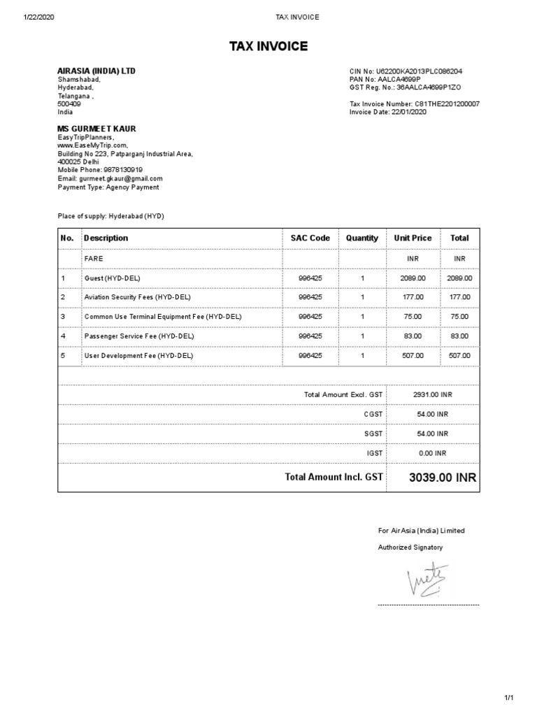 Tax Invoice for Flight from Hyderabad to Delhi on January 22, 2020 ...