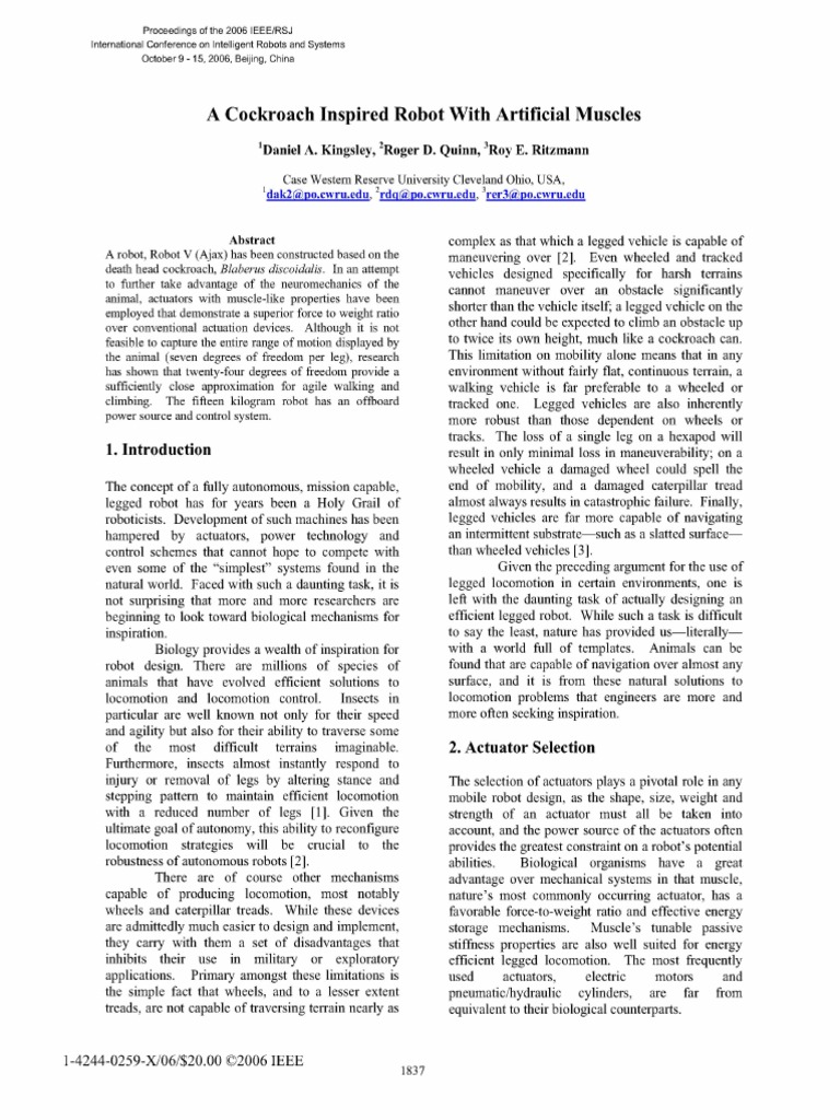(2006) - A Cockroach Inspired Robot With Artificial Muscles PDF | PDF ...