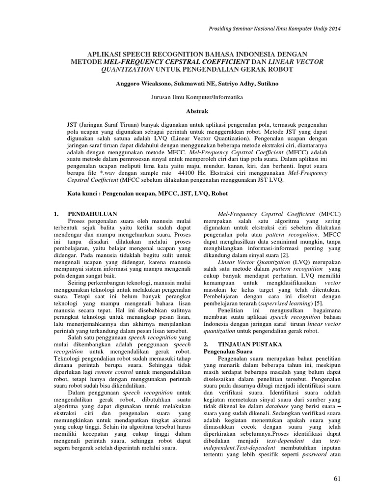 Aplikasi Speech Recognition Bahasa Indonesia Dengan Metode Mel-Frequency Cepstral Coefficient | PDF