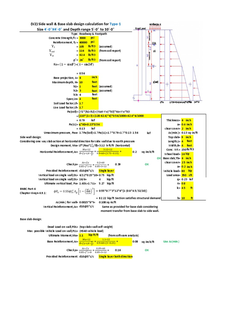 Pit Side Wall and Base Slab Calculation | PDF | Engineering ...