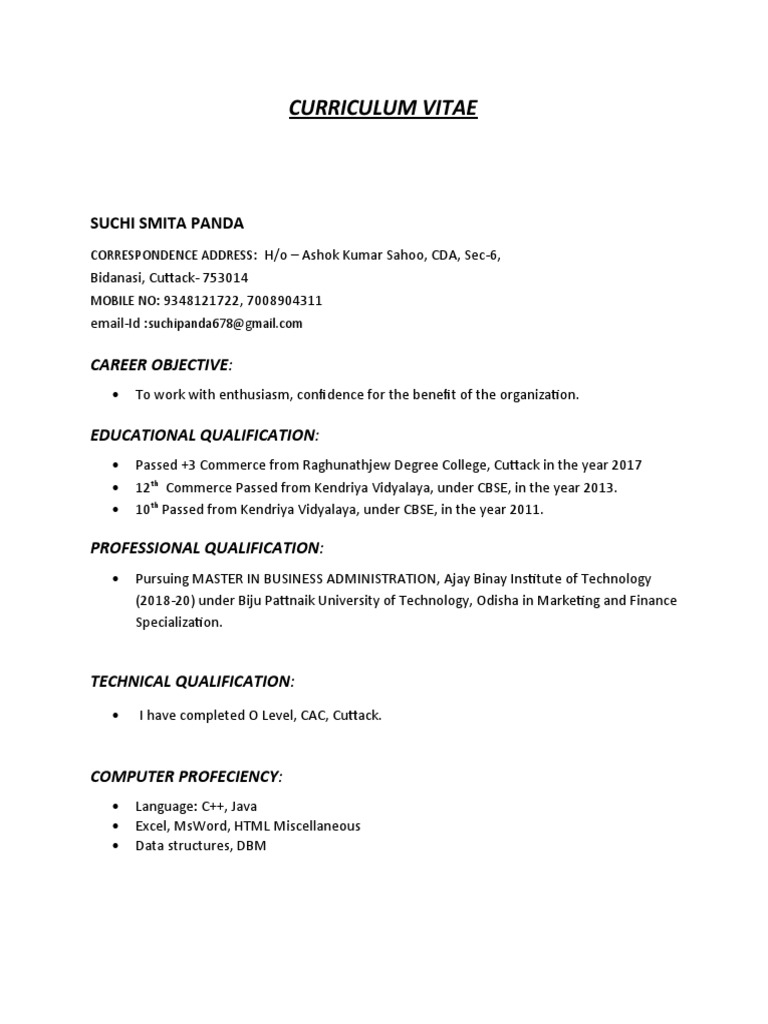 Curriculum Vitae: Suchi Smita Panda | PDF