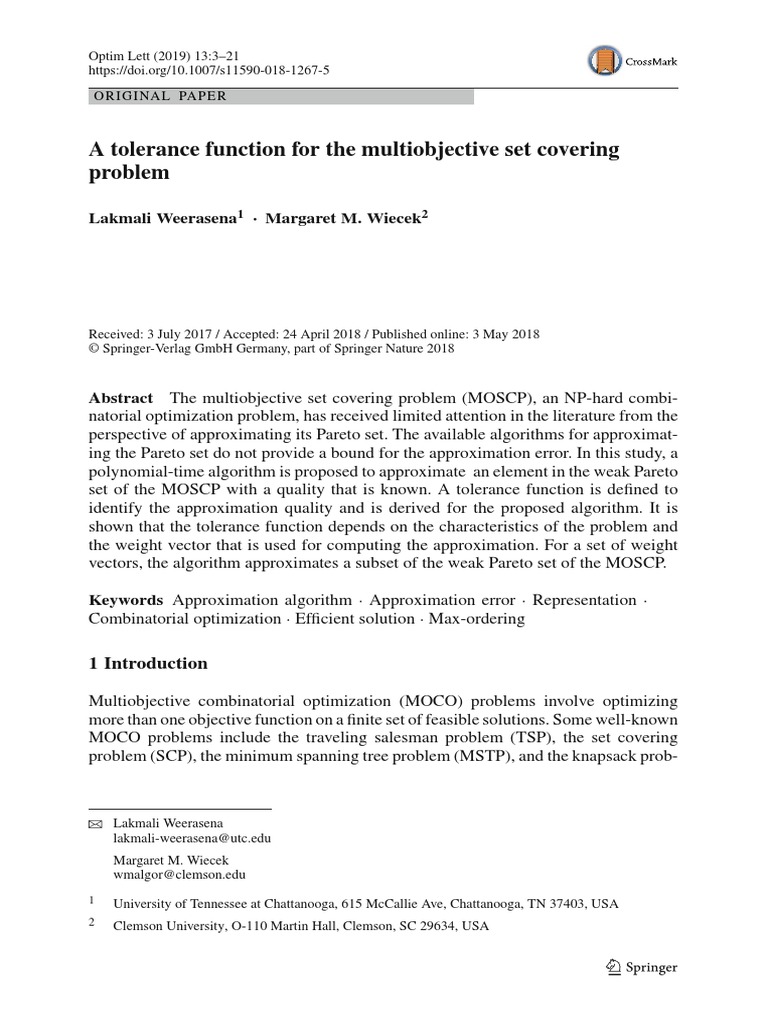 A Tolerance Function For The Multiobjective Set Covering Problem | PDF | Mathematical ...