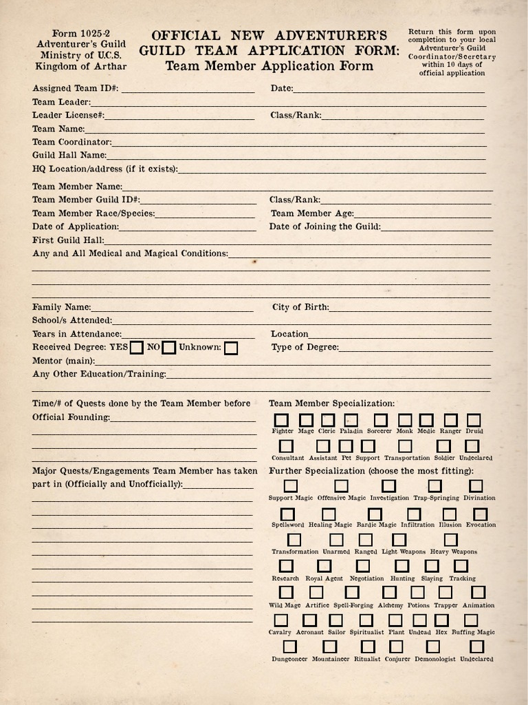 Adventurer's Guild Team Application Form | PDF | Role Playing Games ...