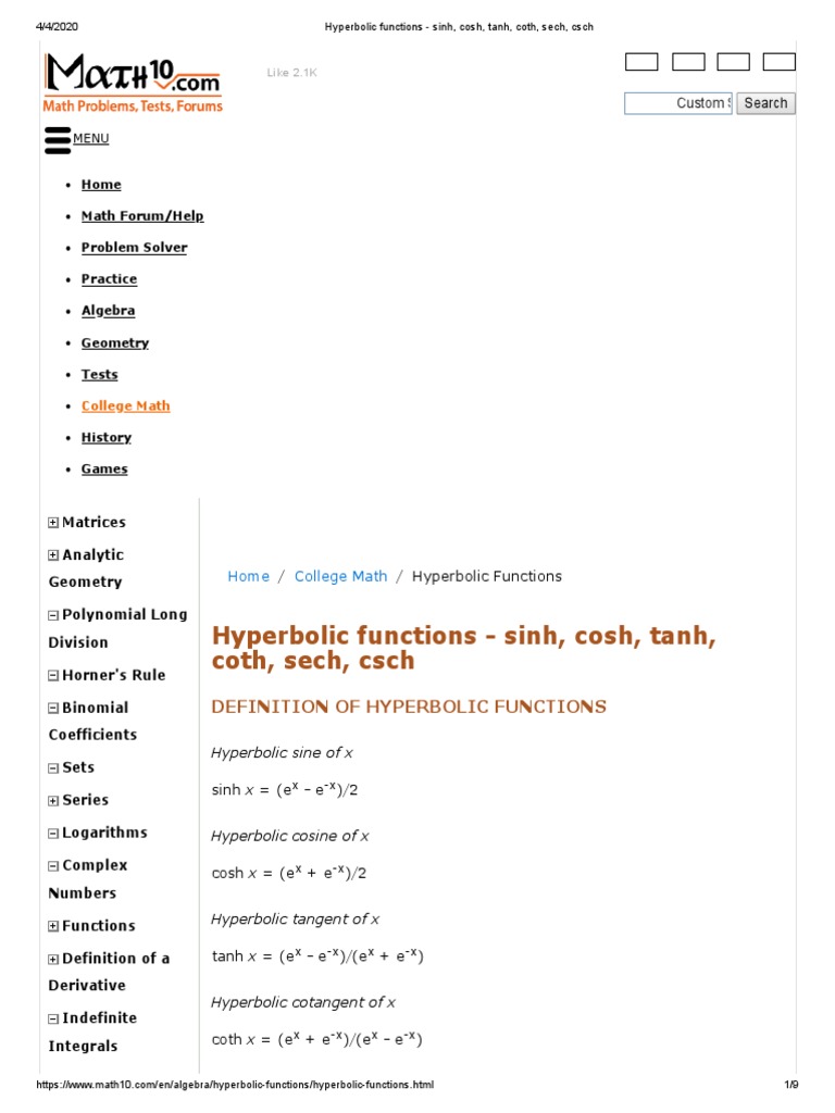 Hyperbolic Functions - Sinh, Cosh, Tanh, Coth, Sech, CSCH | PDF | Trigonometric Functions ...