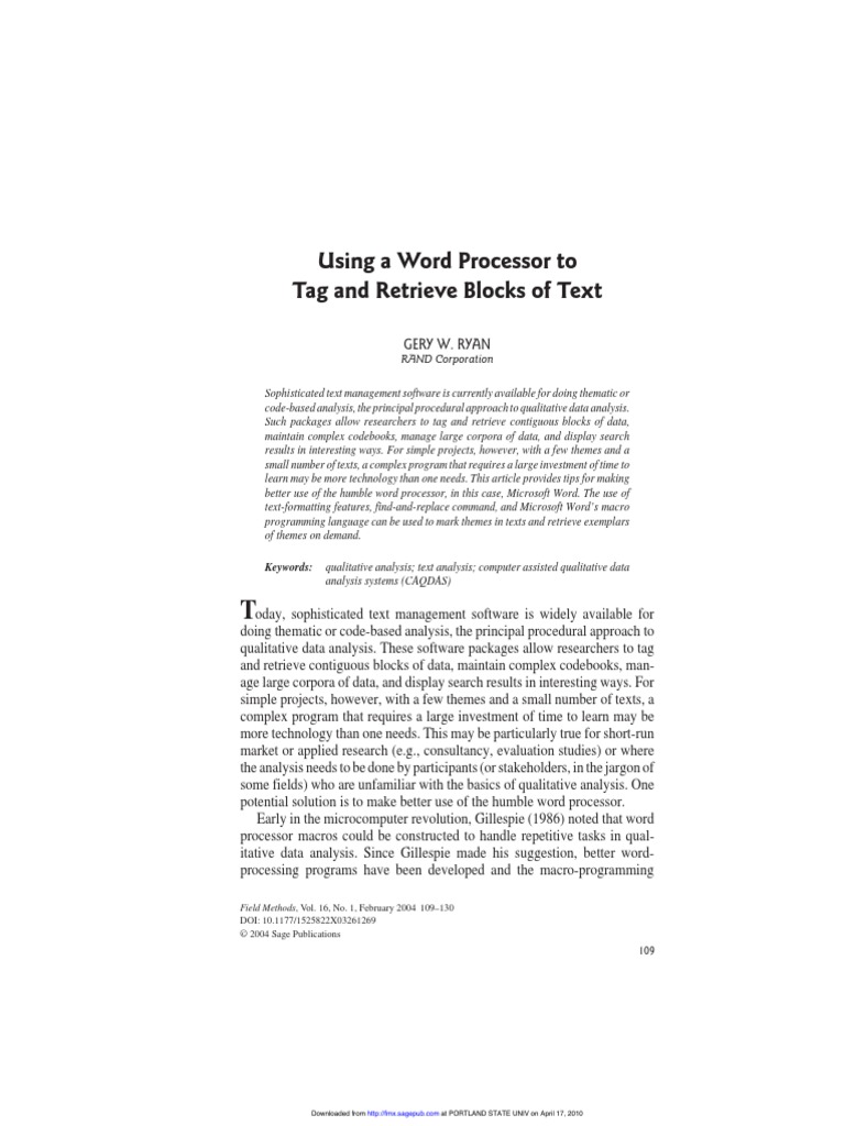 Using A Word Processor To Tag and Retrieve Blocks of Text: Article ...