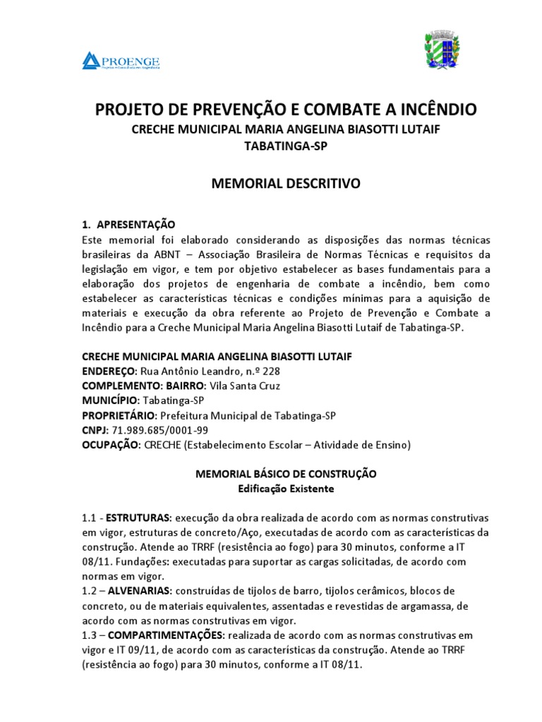 1 Anexo I - Memorial Descritivo - Creche Maria Angelina PDF | PDF ...