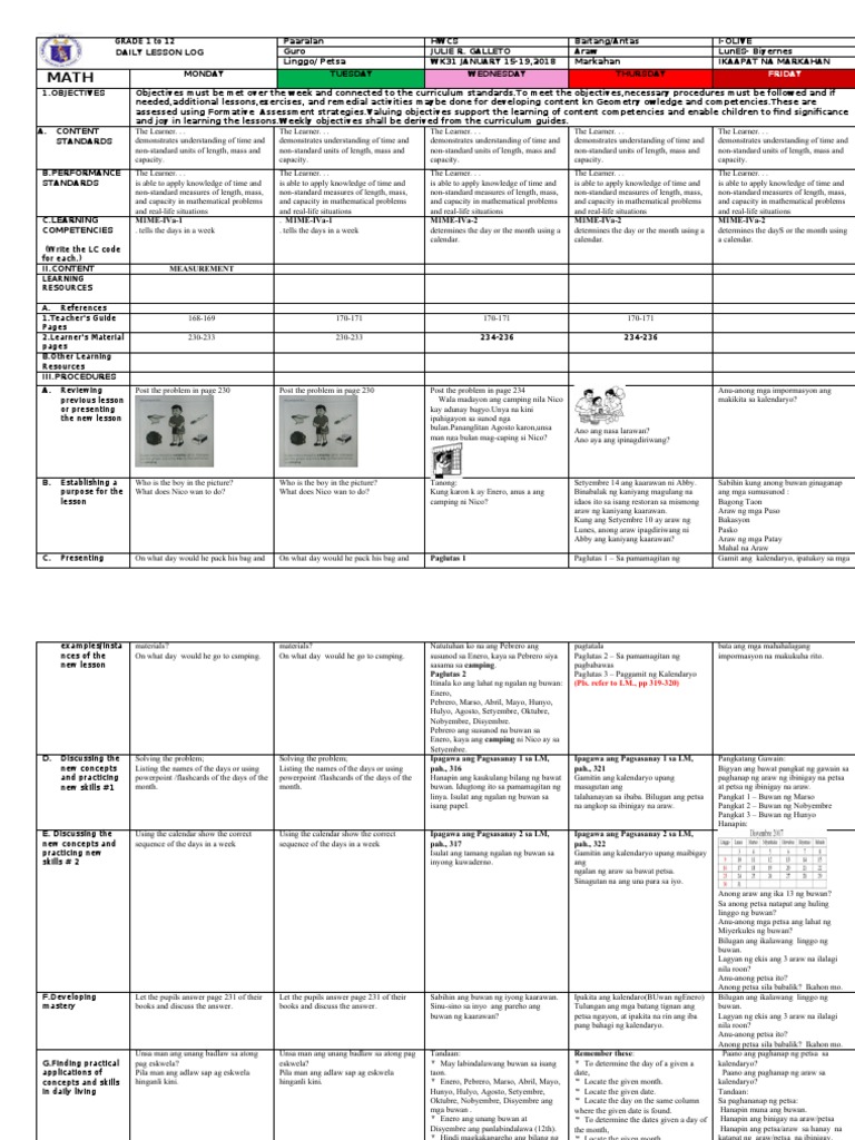 DLL-MATH-WEEK-31QUARTER-4-GRADE-1-OLIVE - Docx Version 1 | PDF ...