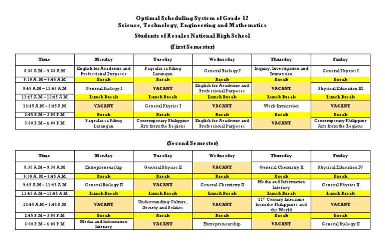 Grade 12 STEM Schedule Rosales HS | PDF | Academic Term | Science