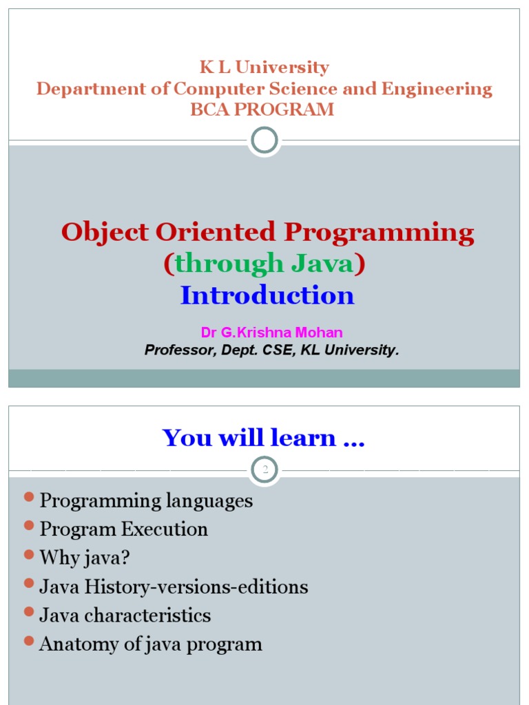 KL University BCA Program Object Oriented Programming Introduction ...