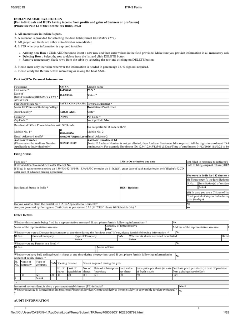 ITR-3 Form PDF | Download Free PDF | Expense | Taxes