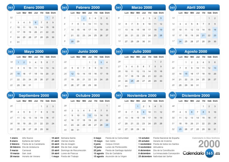 Calendario y Festivos del Año 2000 | PDF | Pascua de Resurrección ...