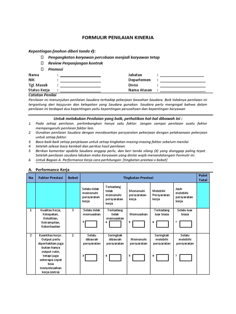 Form Penilaian Prestasi Kerja PKWT PDF | PDF