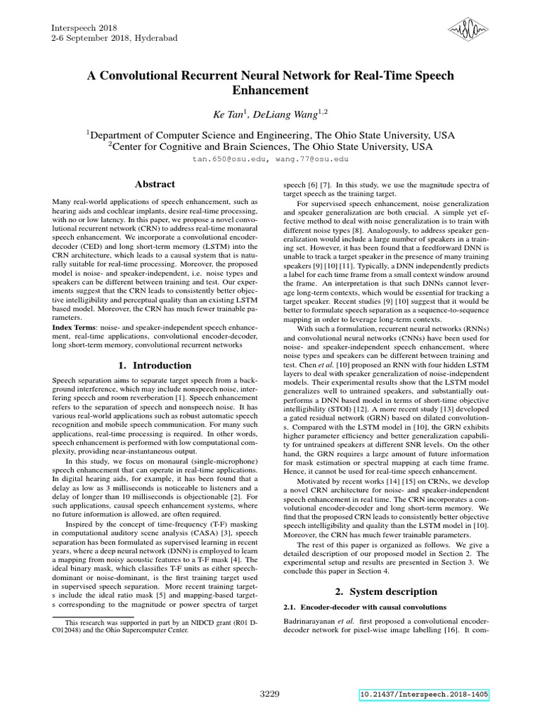 A Convolutional Recurrent Neural Network For Real-Time Speech Enhancement | PDF | Mean Squared ...