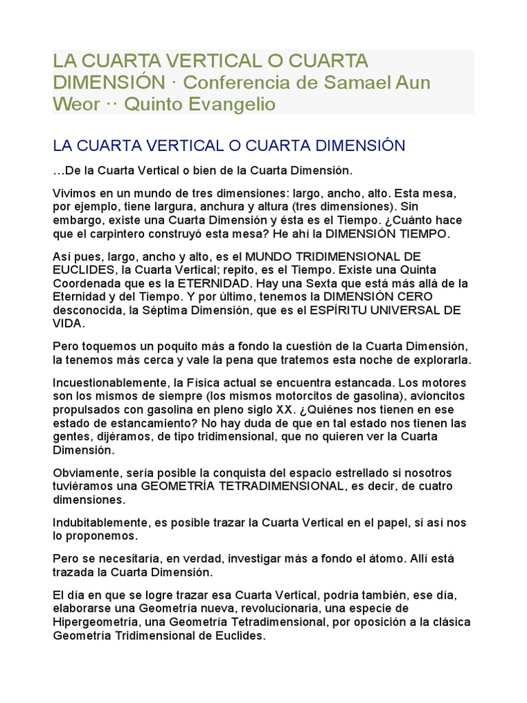LA CUARTA VERTICAL O CUARTA DIMENSIÓN Conferencia de Samael Aun Weor ...
