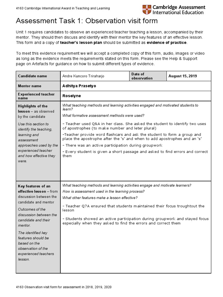 Assessment Task - 1 - 1 Observation Visit Form | PDF | Educational ...